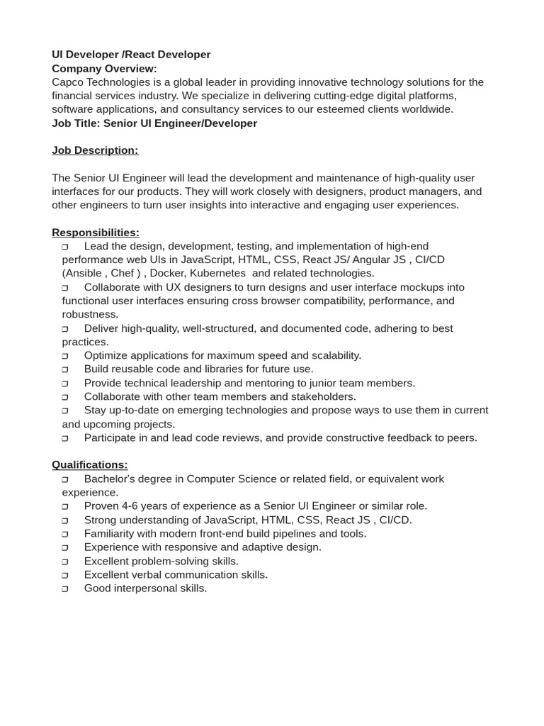 UI Developer JD | PDF