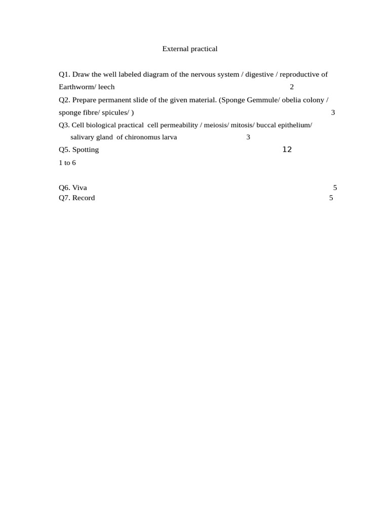 Skeleton Paper of Zoology Practical | PDF