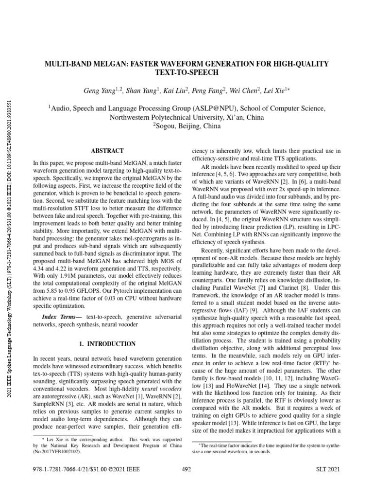 Multi-Band MelGAN for Fast TTS | PDF | Speech Synthesis | Computer Engineering