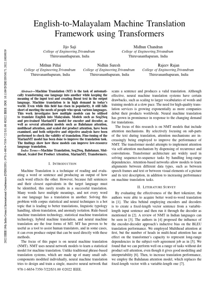 English-to-Malayalam Machine Translation Framework Using Transformers ...
