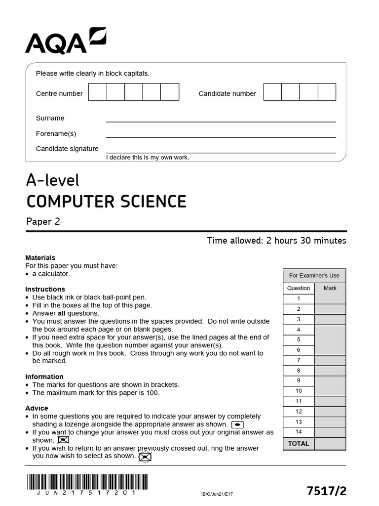 June 2021 QP - Paper 2 AQA Computer Science A-Level | PDF | Bit Rate | Bit