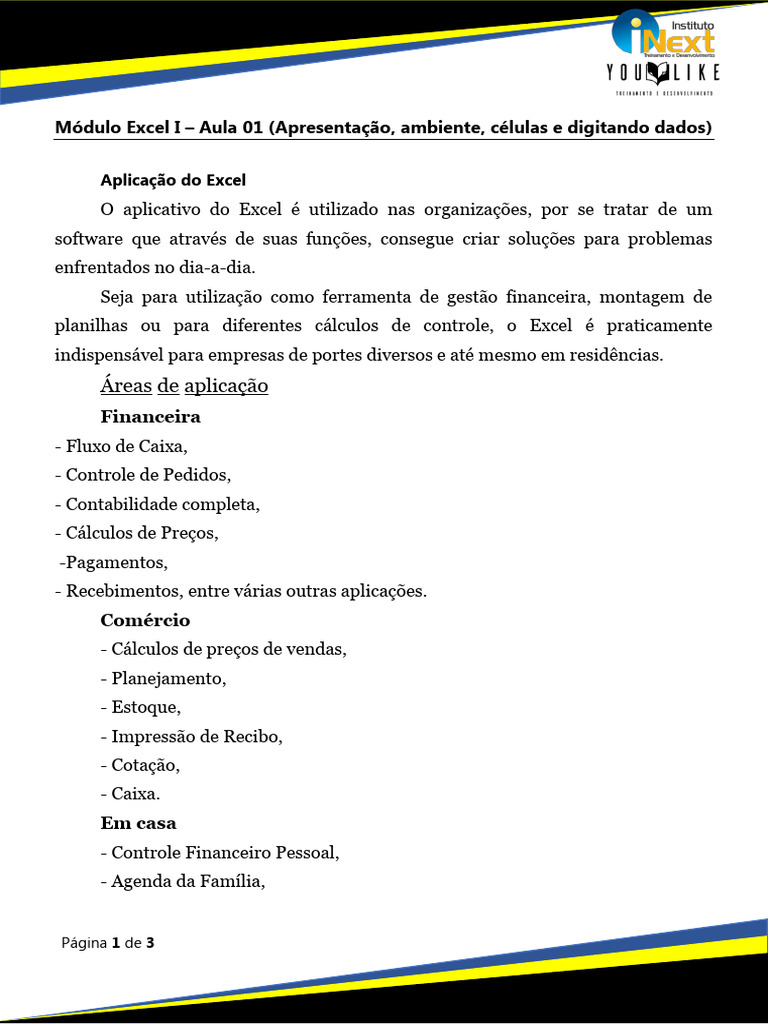 Material Extra Excel I - Aula 01 | PDF | Microsoft Excel | Célula ...