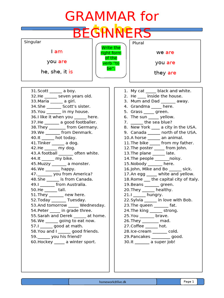 Beginner Grammar: Verb "To Be" Exercises | PDF