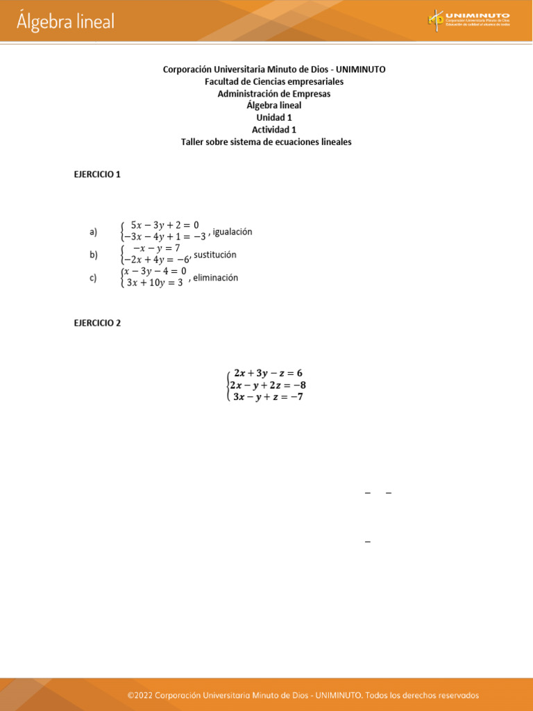 Taller 1 - Algebra Lineal - Unidad 1 Desarrollo | PDF | Ecuaciones | Pendiente