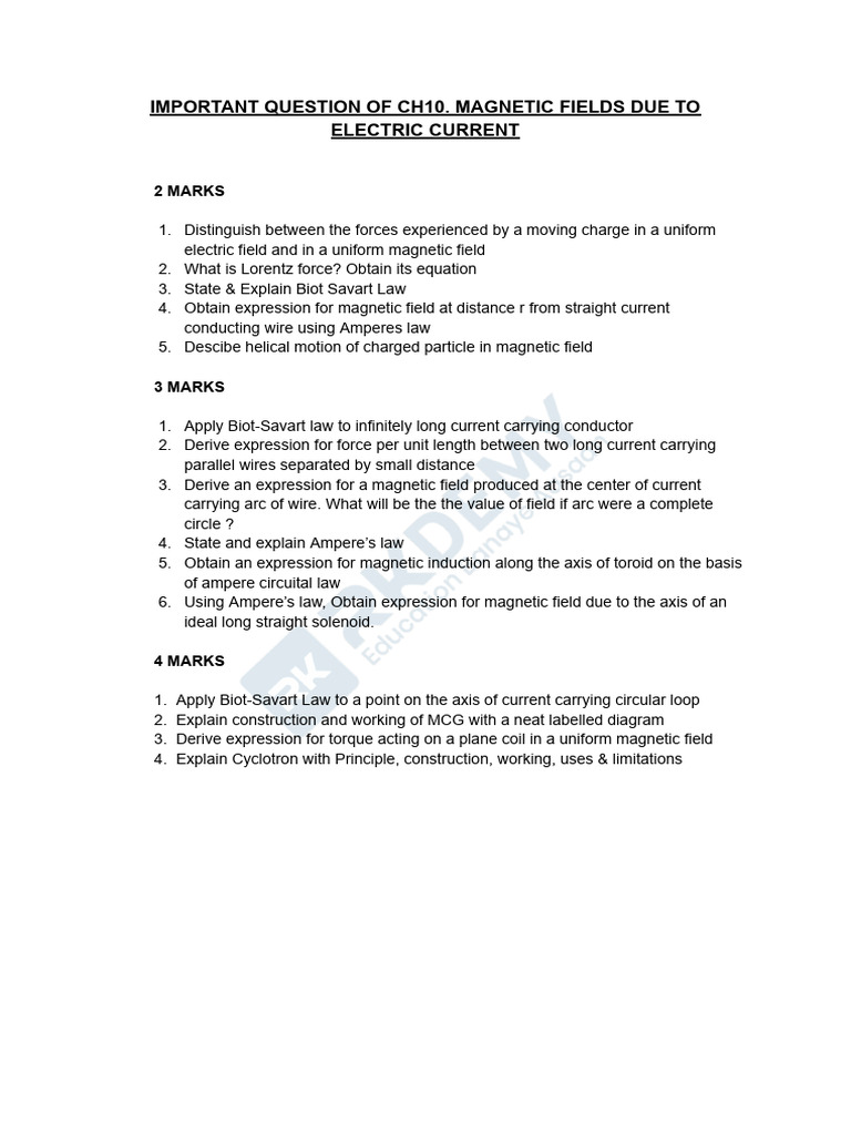 Ch10 Magnetic Field Imp Questions Phy 2 12th | PDF