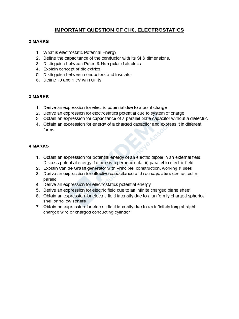 Electrostatics Exam Prep Guide | PDF