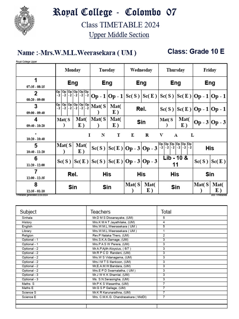 Grade 10E Timetable Overview | PDF