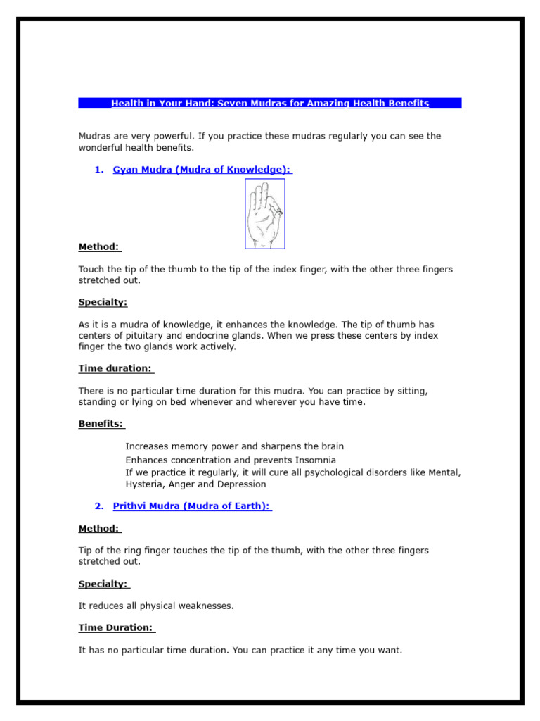 Seven Powerful Mudras for Health Benefits | PDF | Heart | Finger