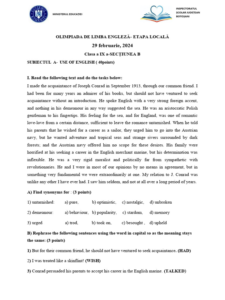 IX Sectiunea B Engleza Subiect Etapa Locala | PDF | Coral | Coral Reef