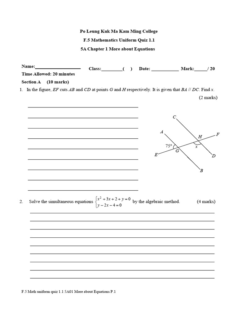 F.5 Math Quiz: Equations & Solutions | PDF | Equations | Mathematics