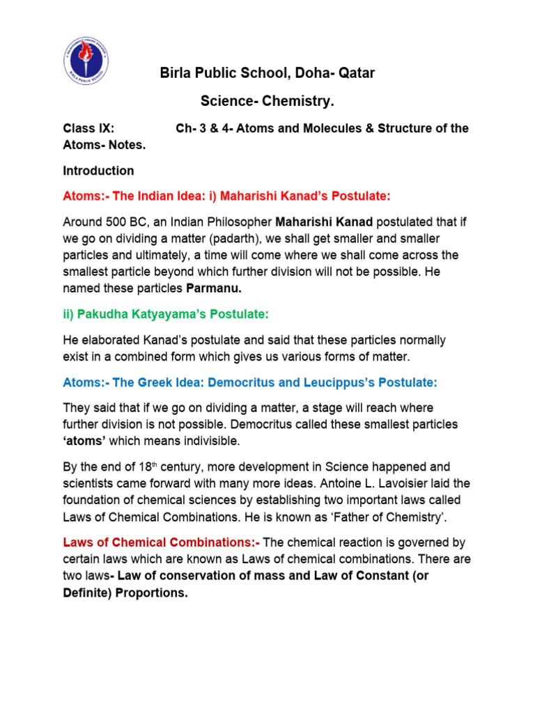 Class IX Chemistry: Atoms & Molecules Notes | PDF | Chemistry | Atoms