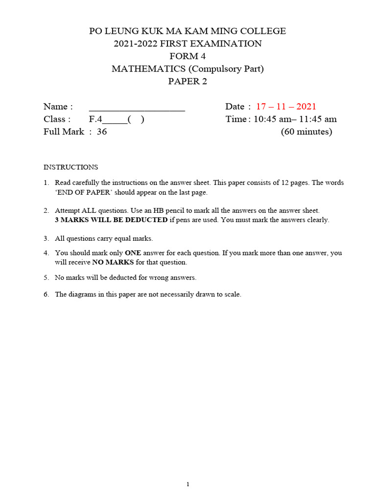 2021-2022 F4 Mathematics First Exam Paper 2 Solution | PDF | Zero Of A ...