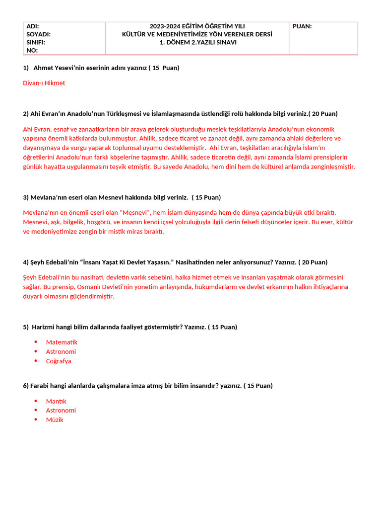 6.Sinif Kultur Ve Medeniyetimize Yon Verenler Dersi 1. Donem 2. Yazili Sorulari Ve Cevaplari (1 ...