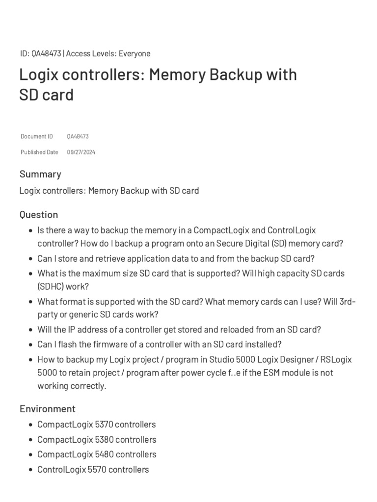 Logix Controllers - Memory Backup With SD Card | PDF | Backup | Computer Data Storage