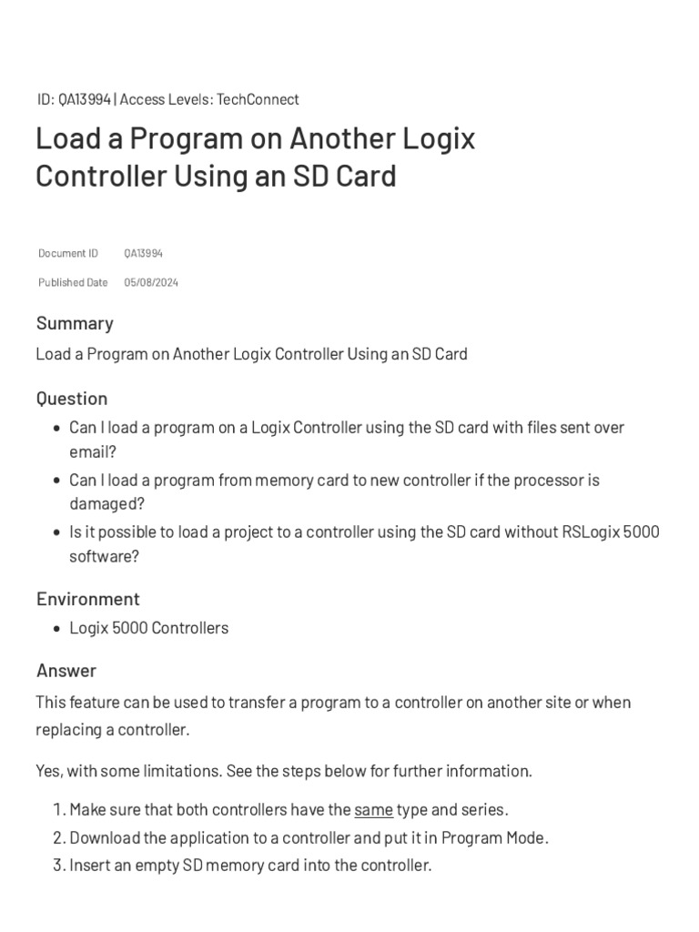 Load A Program On Another Logix Controller Using An Sd Card Pdf Computer File Computer