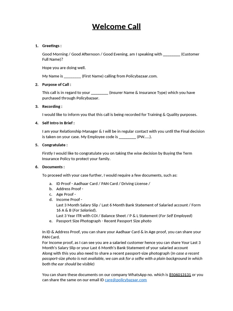 Pre Issuance - Welcome Call - Term | PDF