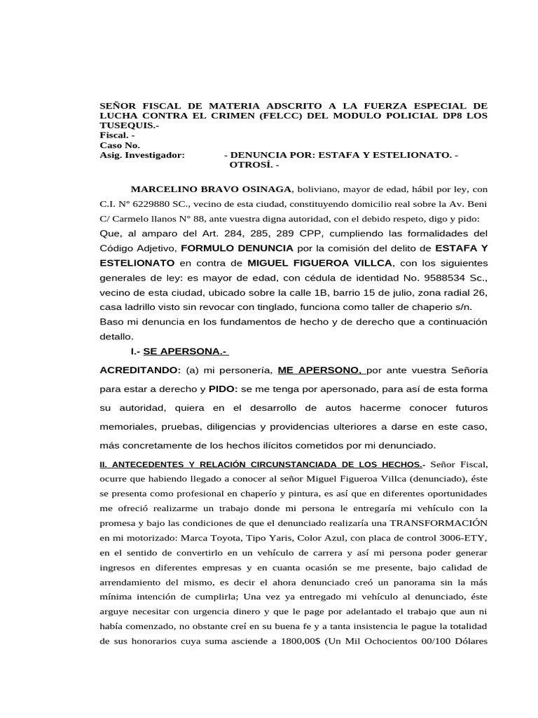 Denuncia Por Estafa y Estelionato Contra Miguel Villca | PDF | Bienes ...
