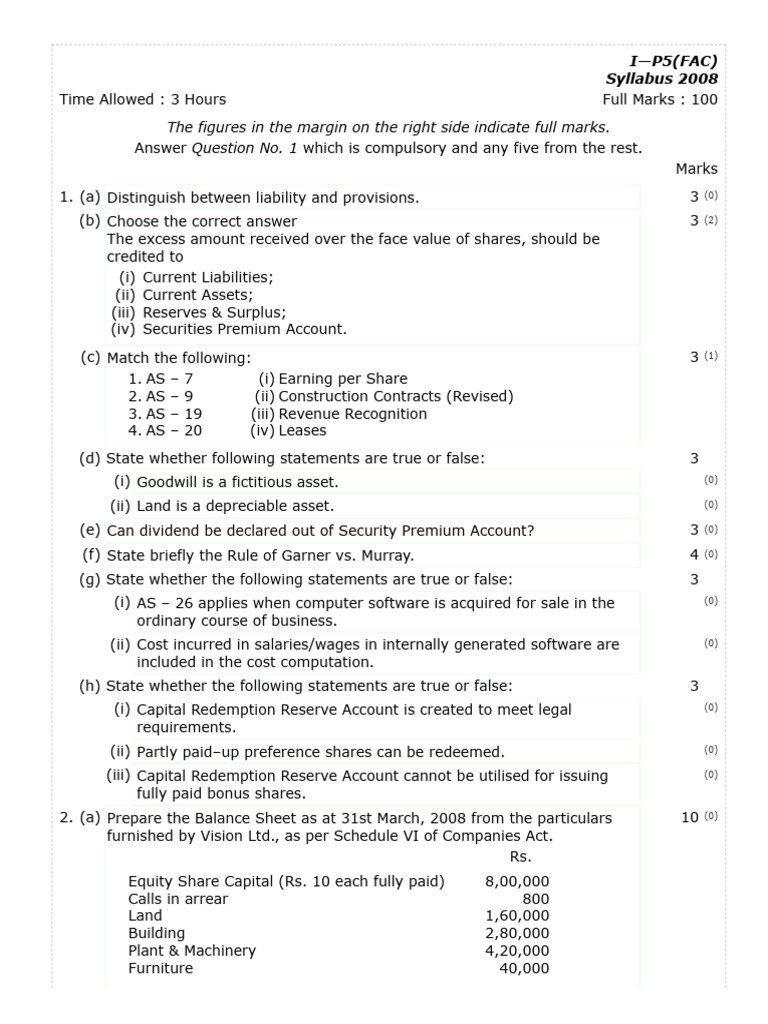 CWA ICWA Inter Group I - Financial Accounting - June 2009 | PDF ...