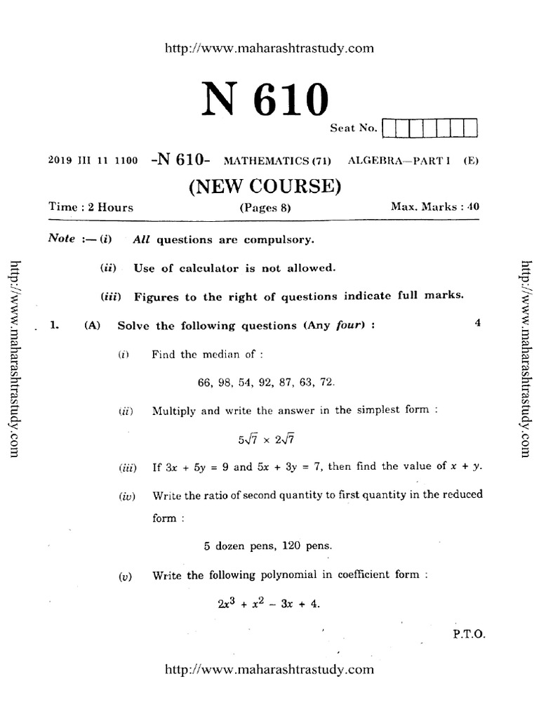 MH Board Class 10 Mathematics Algebra N 610 2019 | PDF
