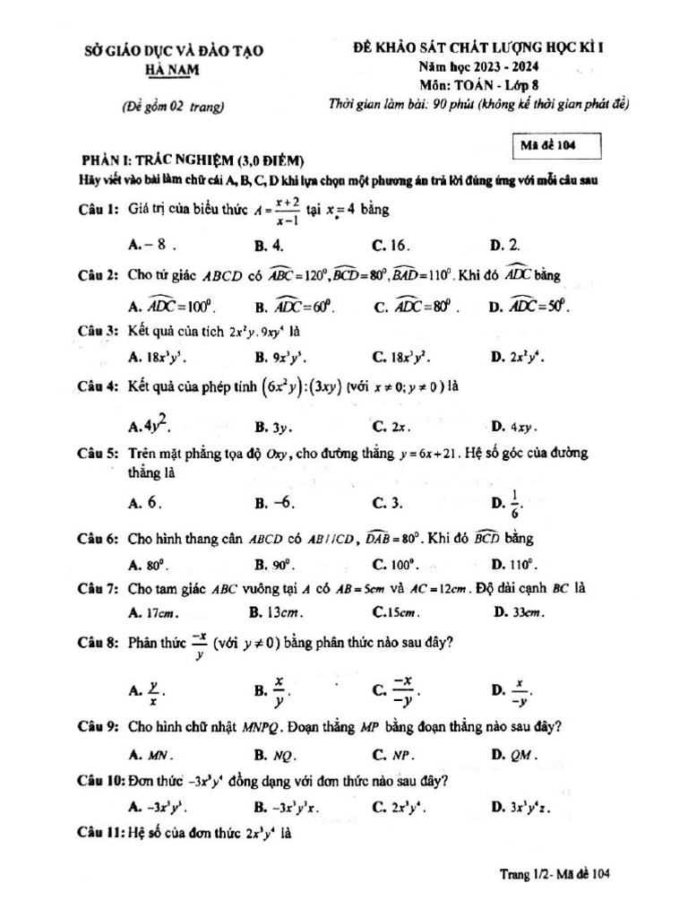 De Hoc Ki 1 Toan 8 Nam 2023 2024 So GDDT Ha Nam | PDF