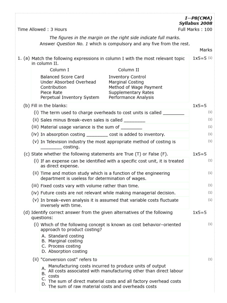 CWA ICWA Inter Group II - Cost and Management Accounting - December ...