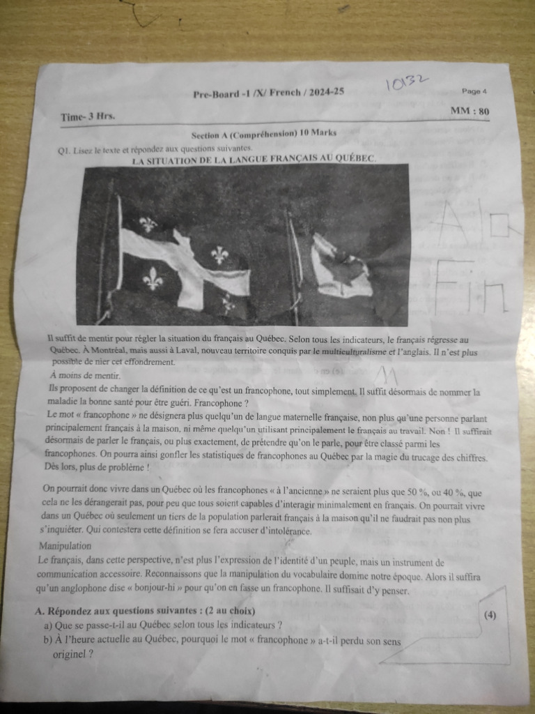 Mps French Paper Pre Board Class 10th | PDF