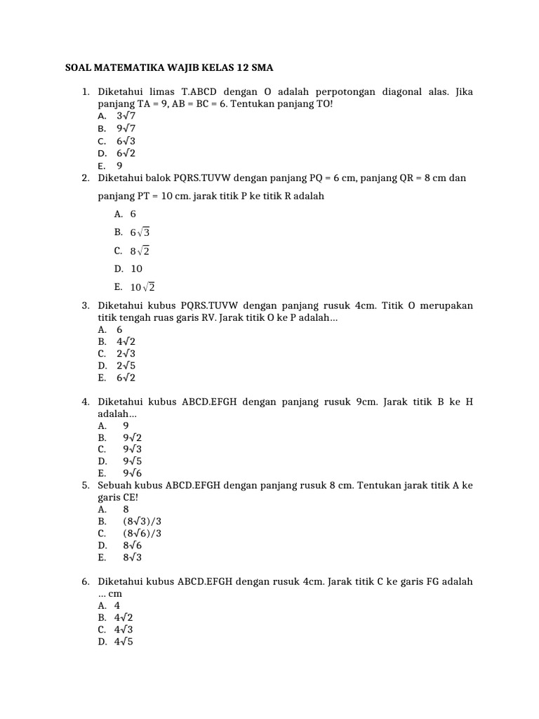 Soal Saa Matematika Wajib Kelas 12 Sma | PDF