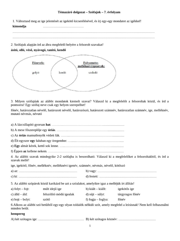 Év Eleji Dolgozat Szófajok | PDF