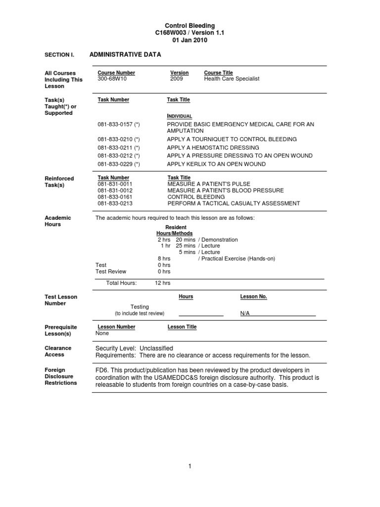 Control Bleeding - Lesson Plan Final - C168W003 VR 1.1 | Bleeding | Blood