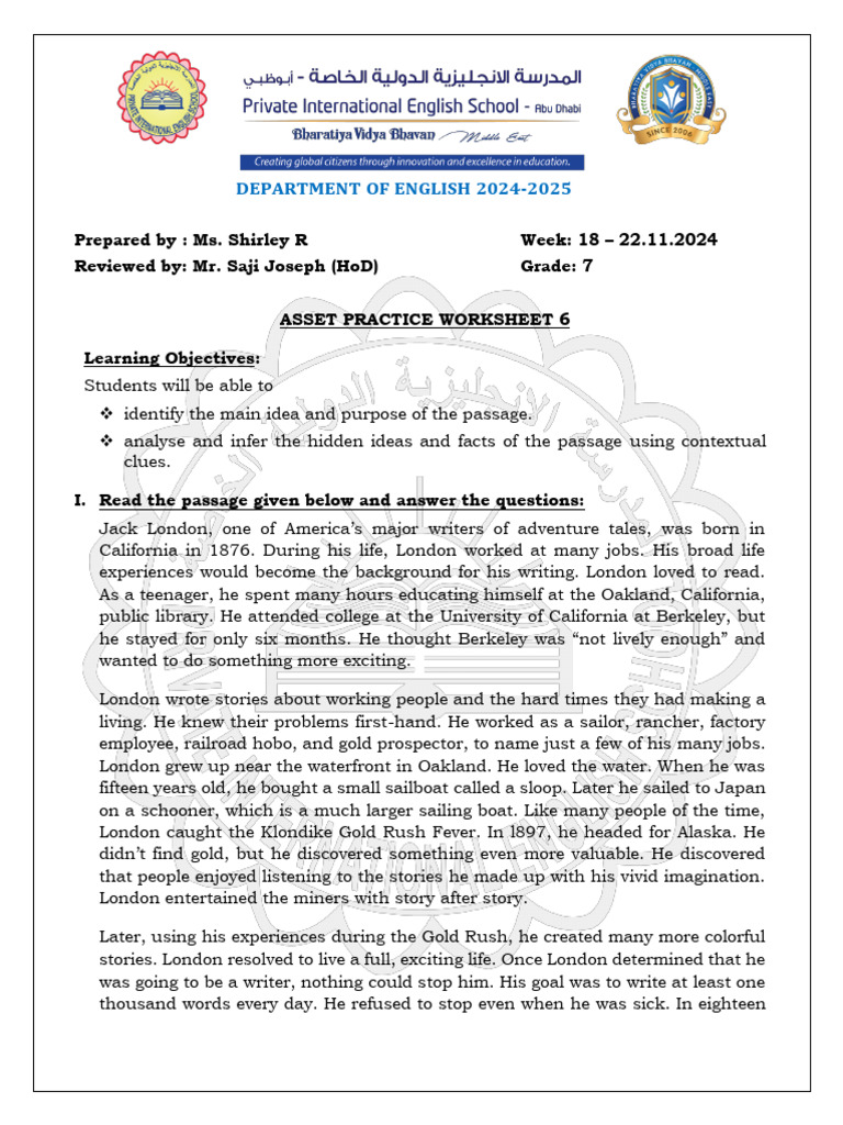 ASSET Practice Worksheet 6 | PDF | Jack London