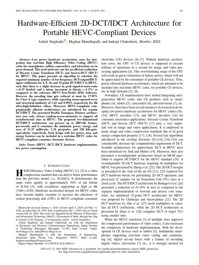 Hardware-Efficient 2D-DCT IDCT Architecture For Portable HEVC-Compliant Devices | PDF | Computer ...