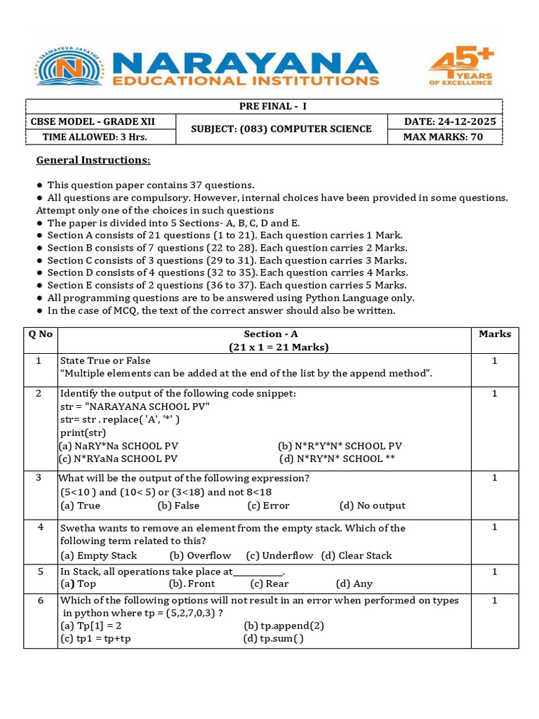 Class Xii (Centum) Phase-3 (Pre Final-I) CS QP 24.12.2024 | PDF | Computer Programming | Computing