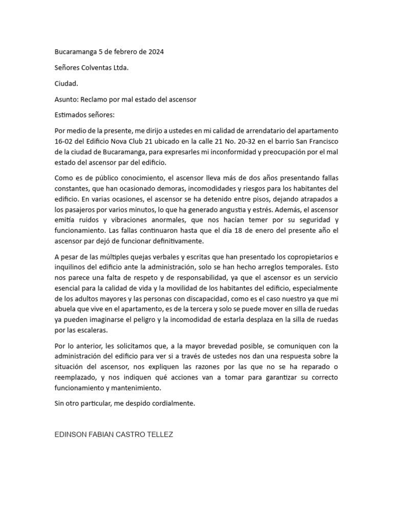 CARTA DE INFORMACION SOBRE ASCENSOR | PDF