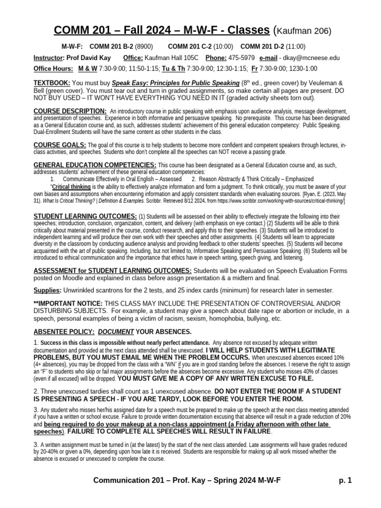 Comm 201 Fall 2024 Syllabus | PDF | Public Speaking | Critical Thinking