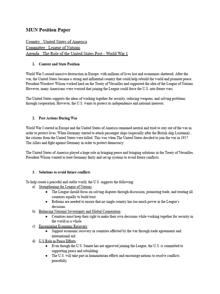 MUN Position Paper - USA WW1 | PDF | League Of Nations | World War I