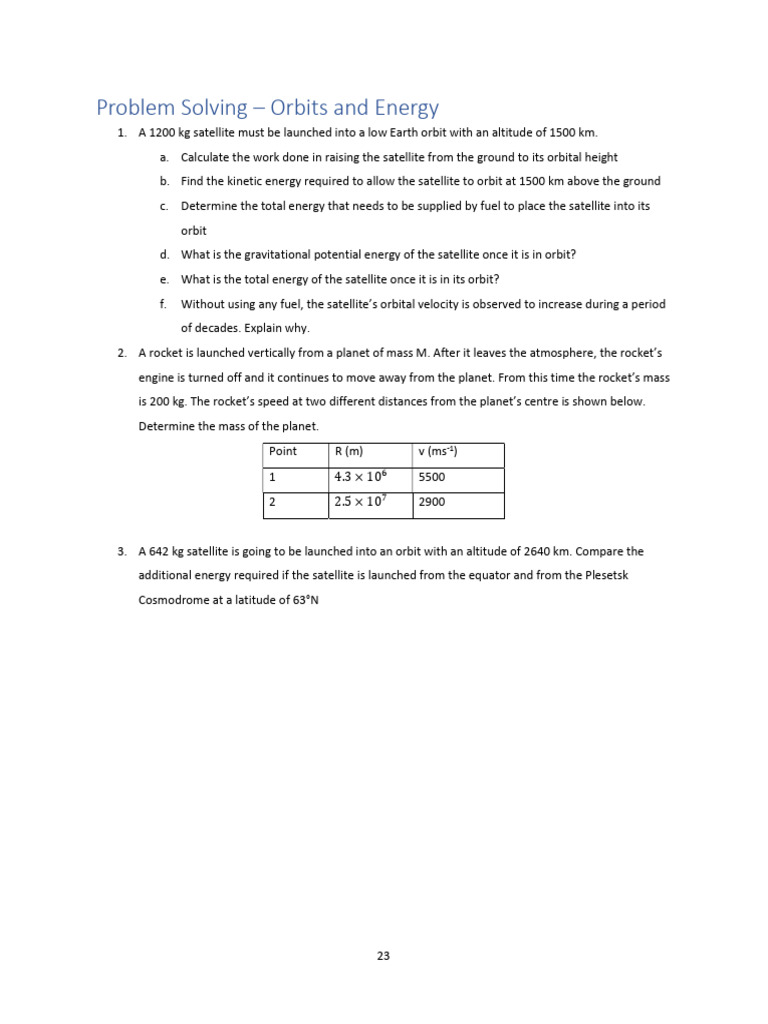 Orbits and Energy Worksheet | PDF