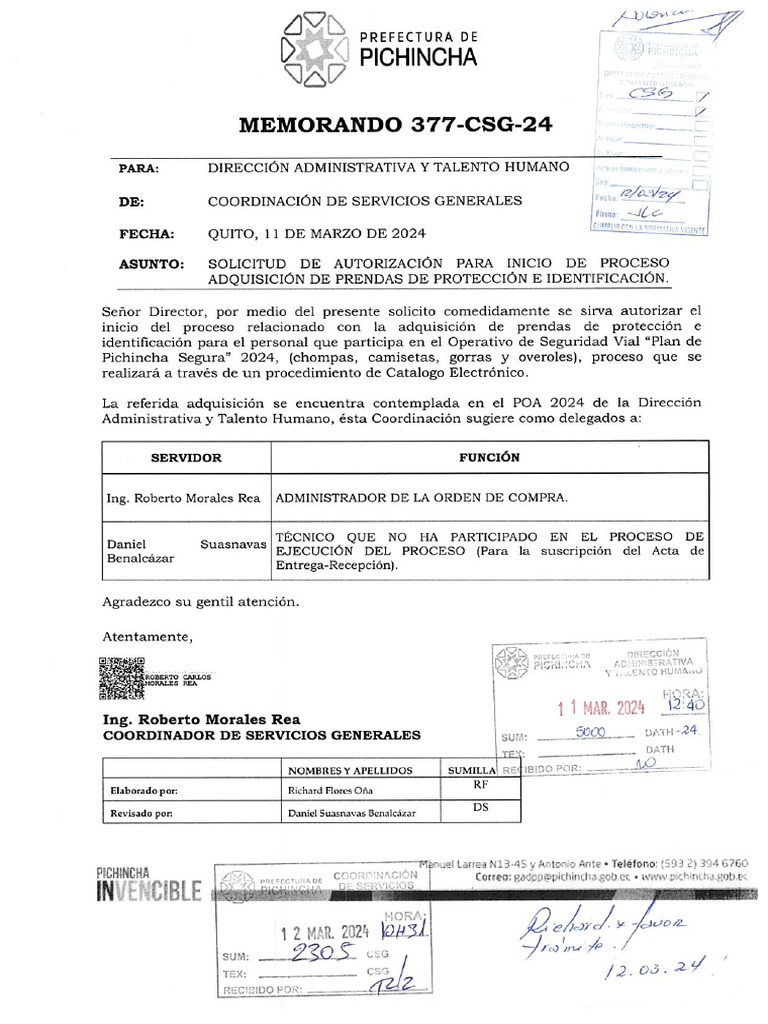 Memorando 377-CSG-2024 Autorización | PDF