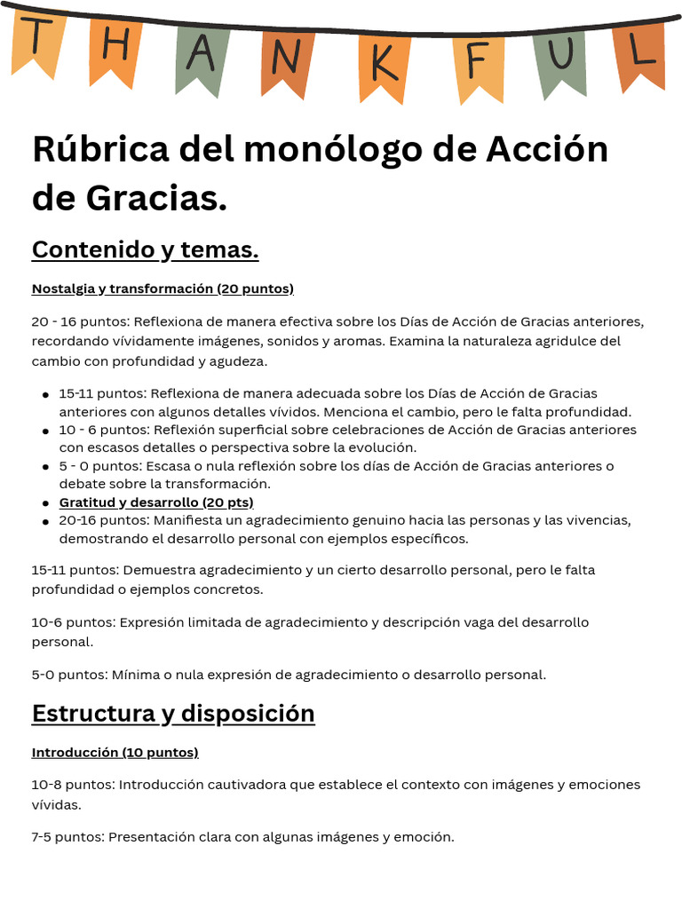 Thanksgiving Monologue Rubric (Spanish) | PDF | Las emociones | Sicología