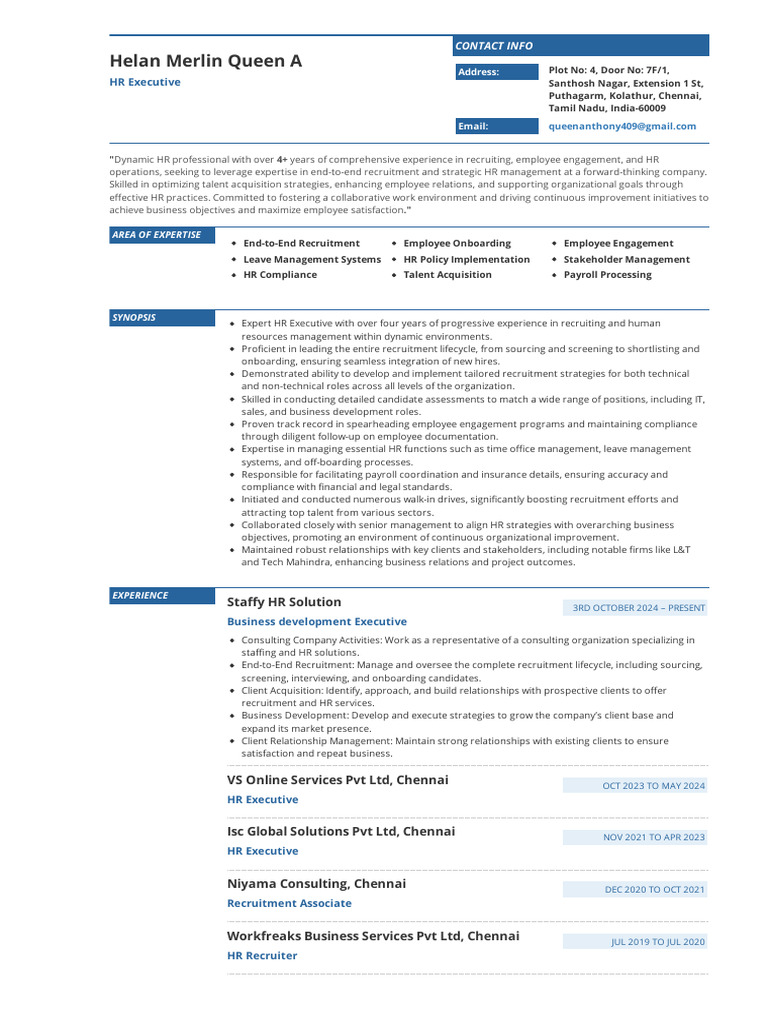 Helan Merlin Queen A Resume | PDF | Recruitment | Employment