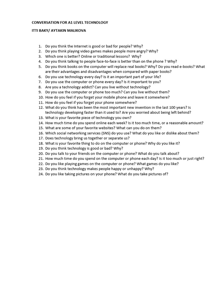 Conversation For A1 Level Technology | PDF