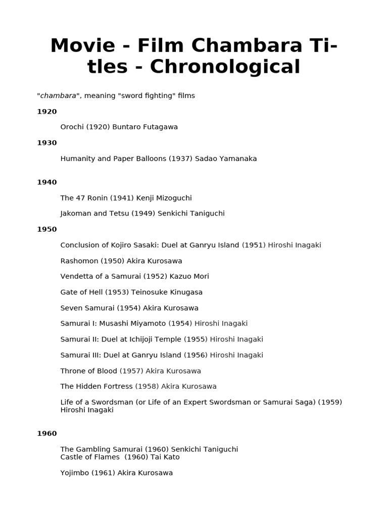 Movie - Film Chambara Titles - Chronological | PDF