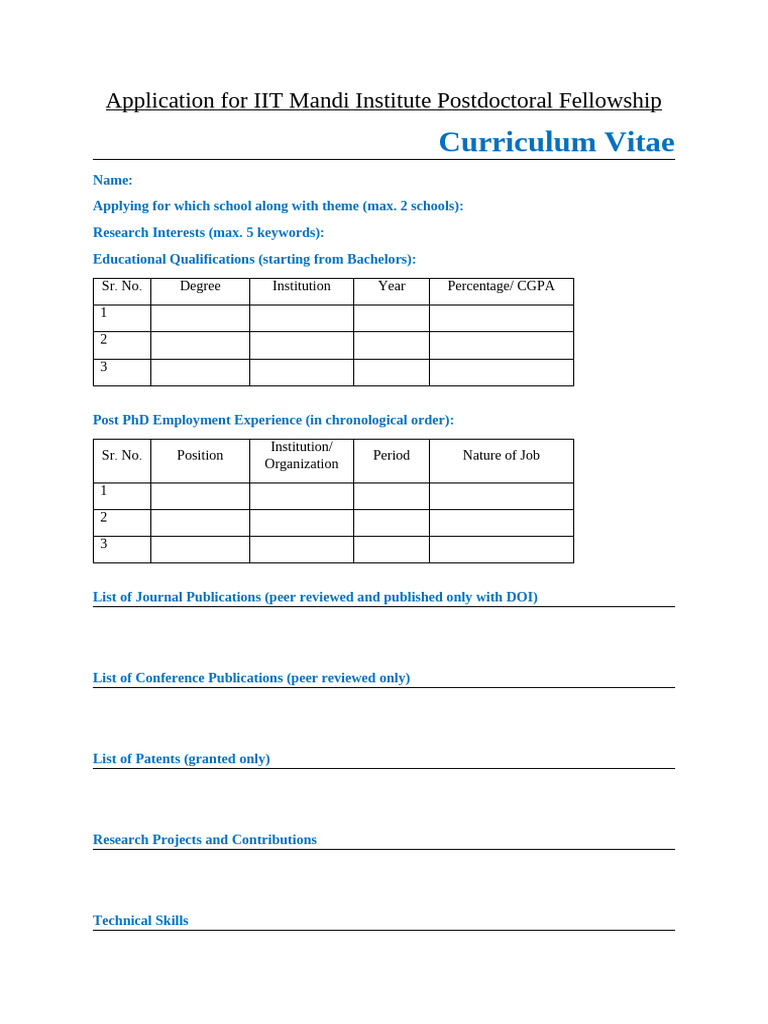 CV - Format - Application For IIT Mandi Institute Postdoctoral Fellowship | PDF