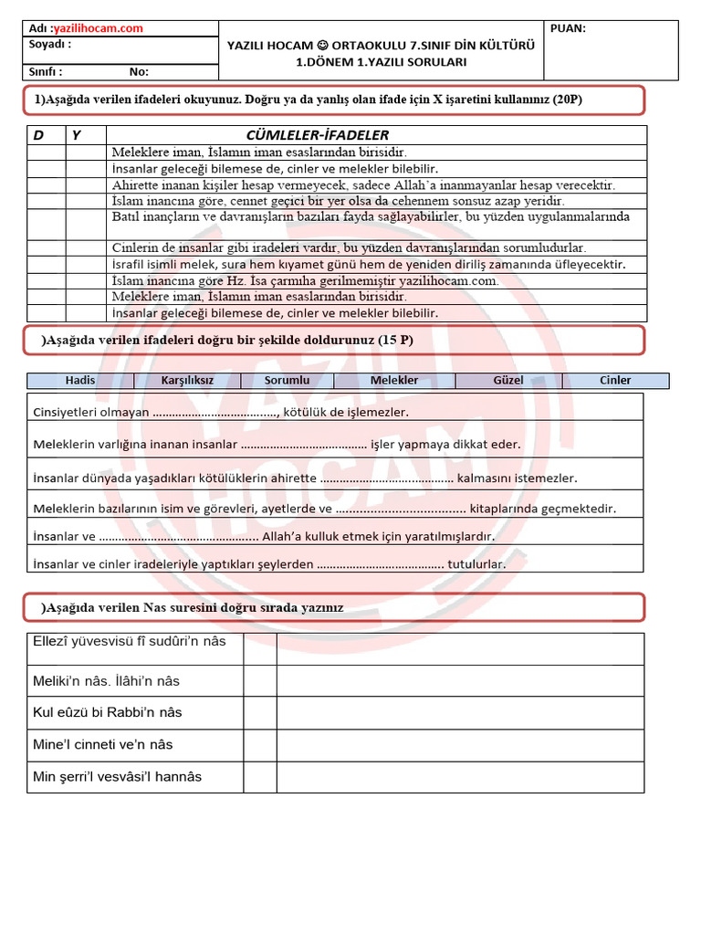 7.sinif Dkab 1.dönem 1.yazili Sorulari-2 | PDF