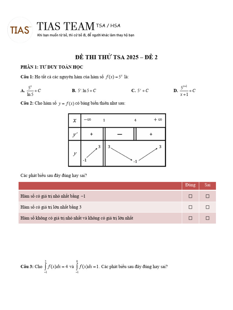 ĐỀ THI THỬ TSA 2025 ĐHBKHN | PDF