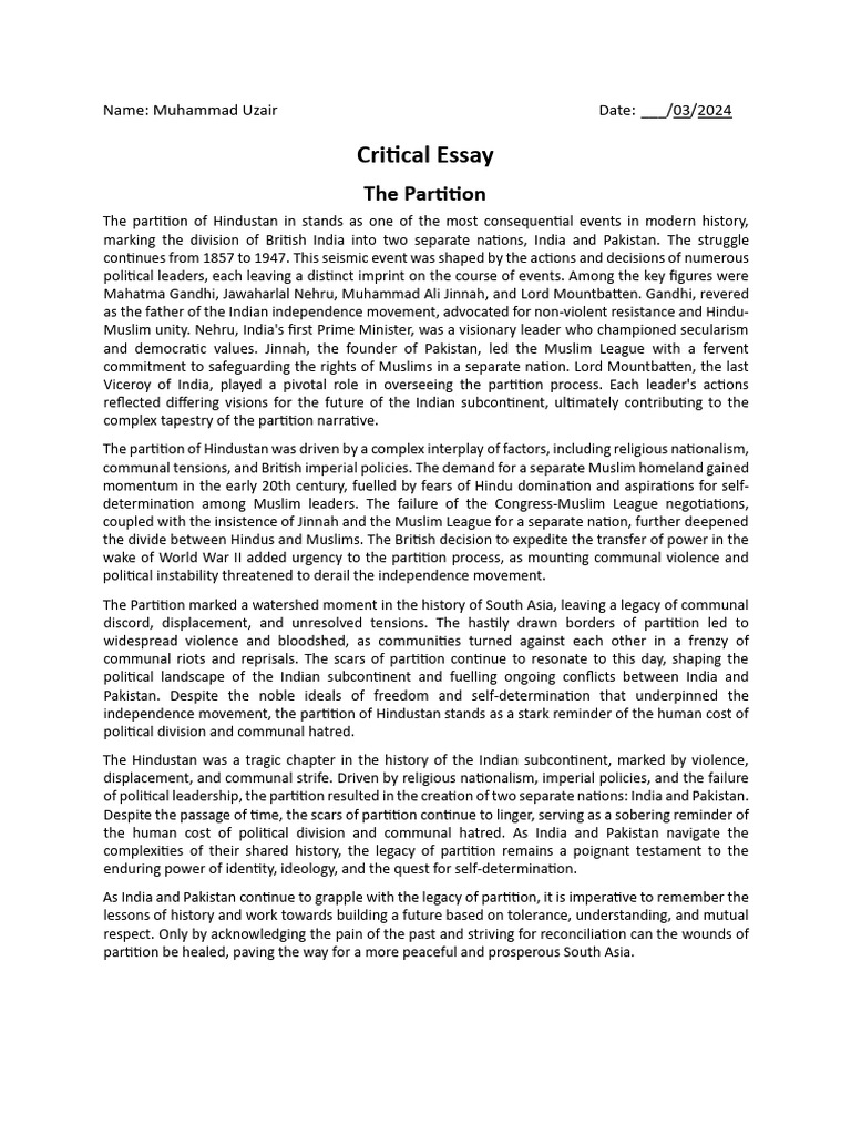 Critical Essay, Partition | PDF | Partition Of India | Muhammad Ali Jinnah