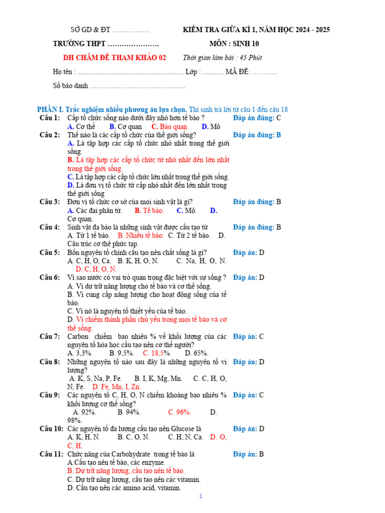 10 - - ĐỀ MINH HỌA 1 - - KTCK1 - - SH10 | PDF