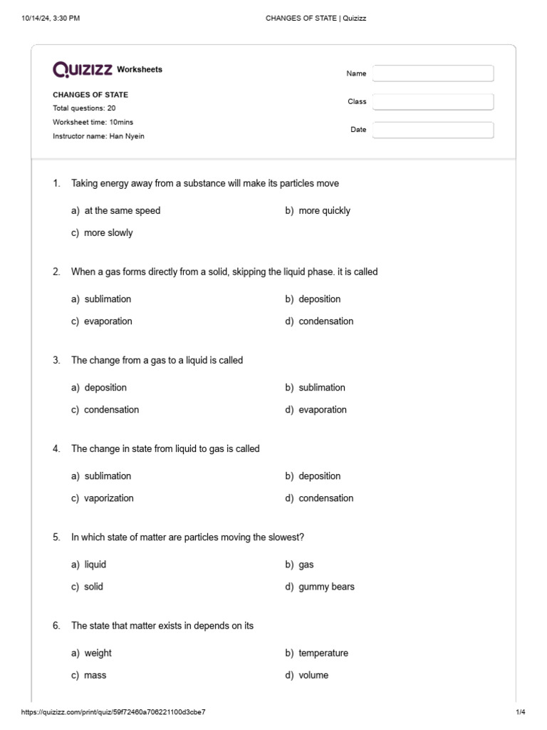 CHANGES OF STATE - Quizizz 1 | PDF | Evaporation | Liquids