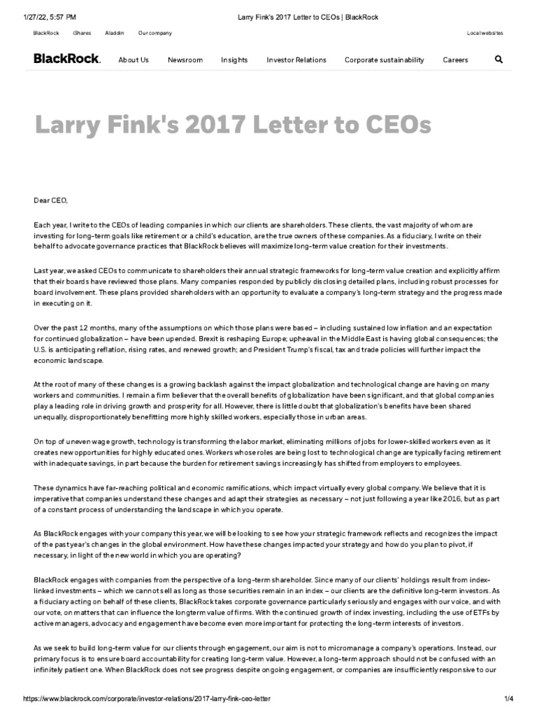Larry Fink - S 2017 Letter To CEOs - BlackRock 2017 | PDF