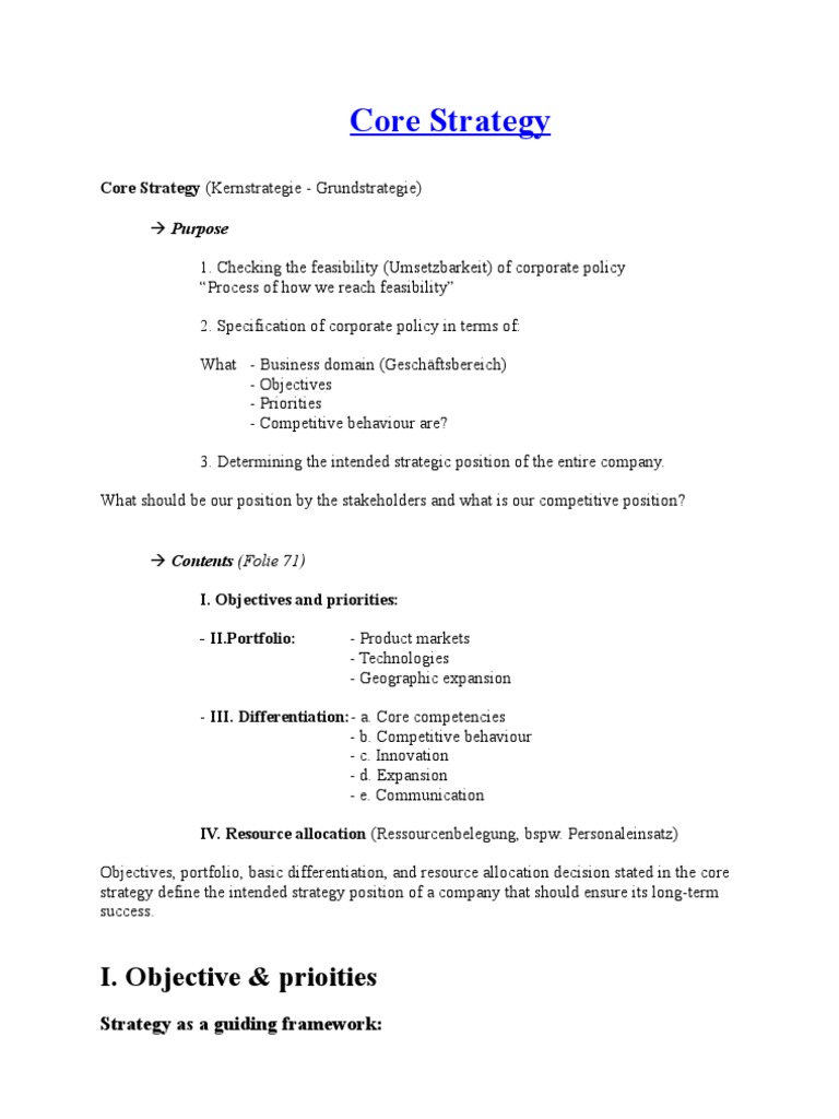 Core Strategy: I. Objective & Prioities | PDF | Strategic Management | Goal