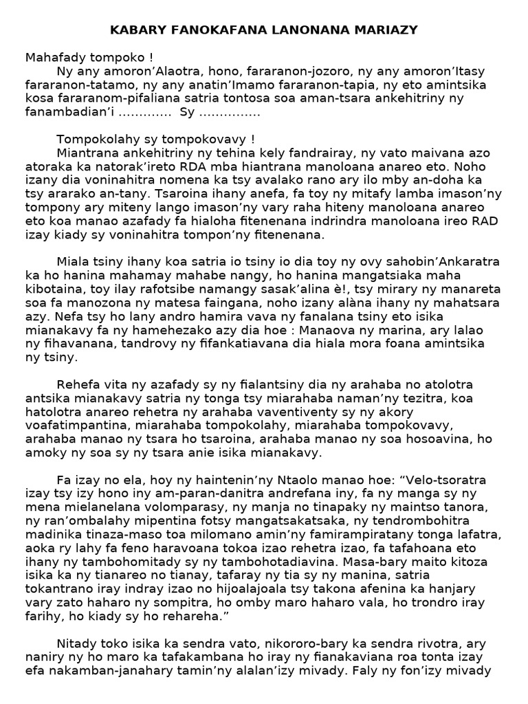 Kabary Fanokafana Lanonana Mariazy | PDF